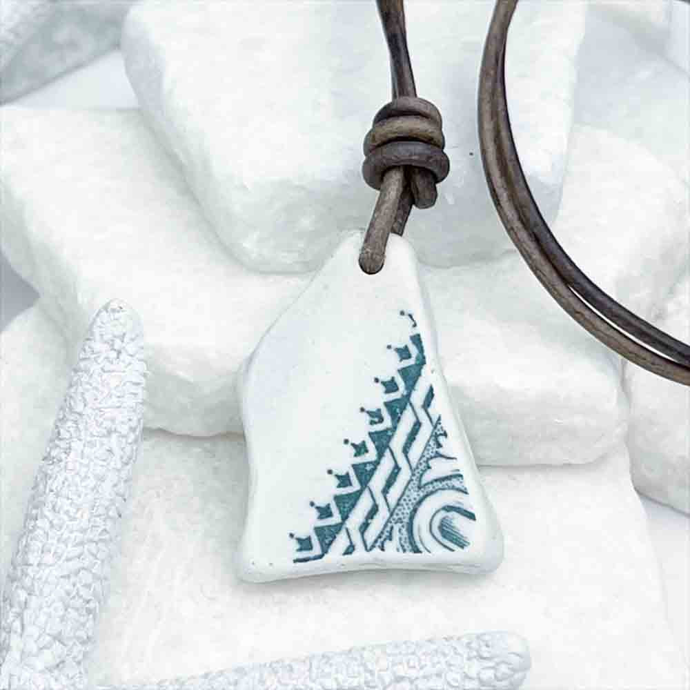 Lively Teal Geometric Sea Shard Pottery Leather Necklace – Real Sea Glass